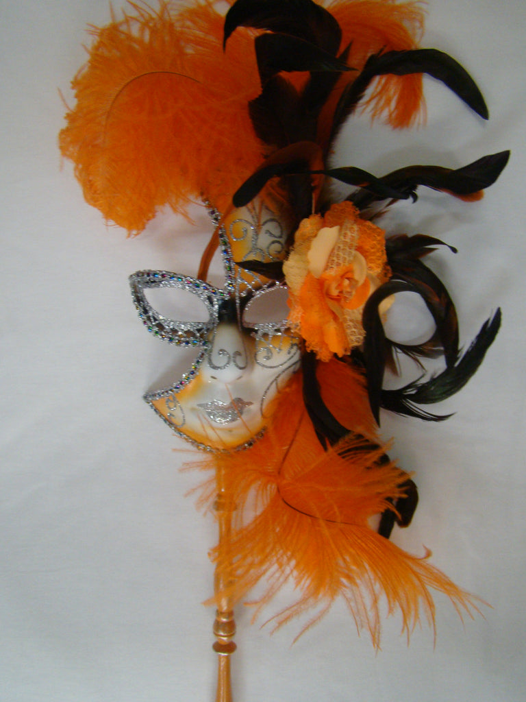 Mask with Side Flowers and Feathers - Silver Accents